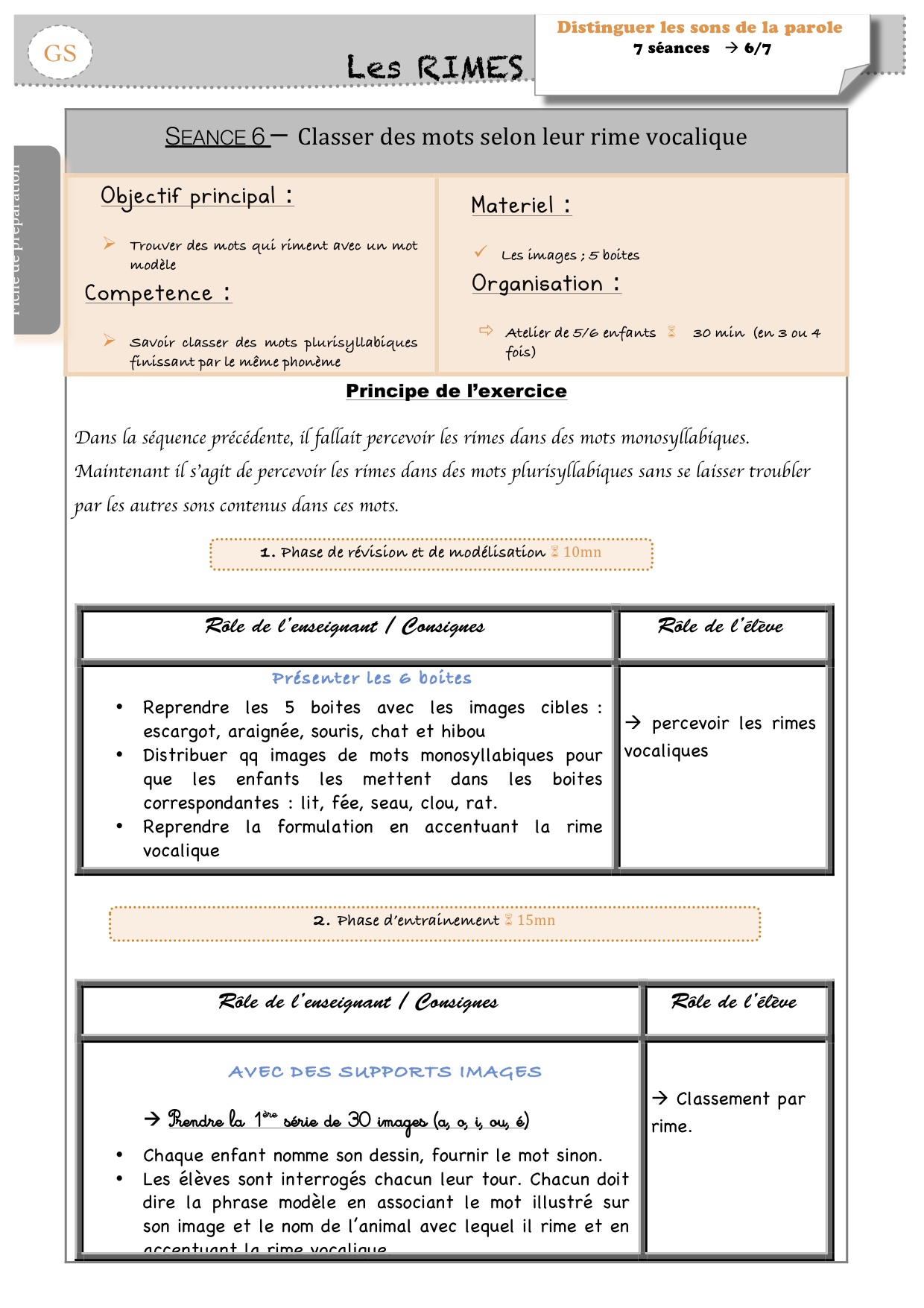 Fiche de préparation sur les rimes - La classe de Luccia